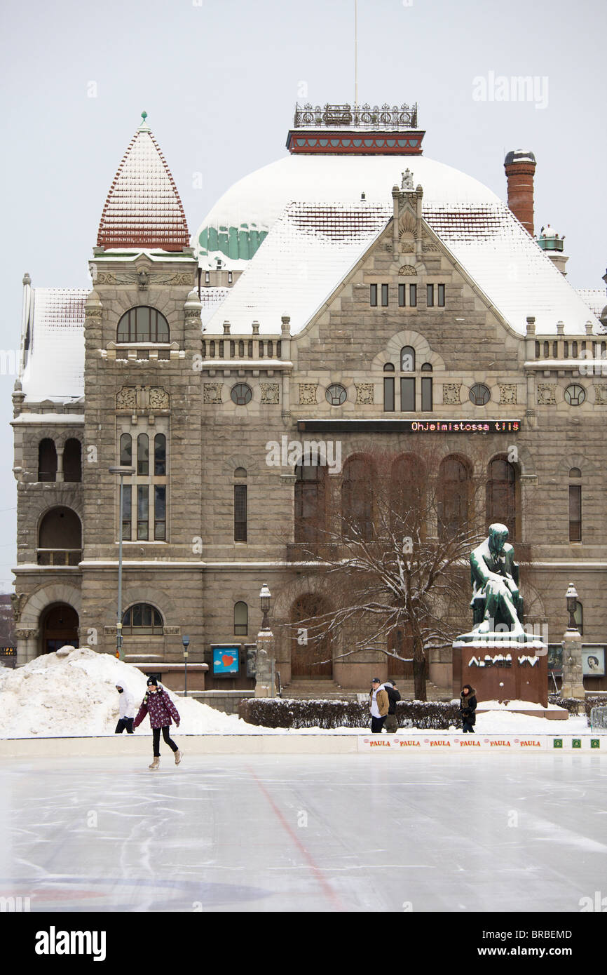 Ice Rink in front the statue of Aleksis Kivi and the National Theatre ...
