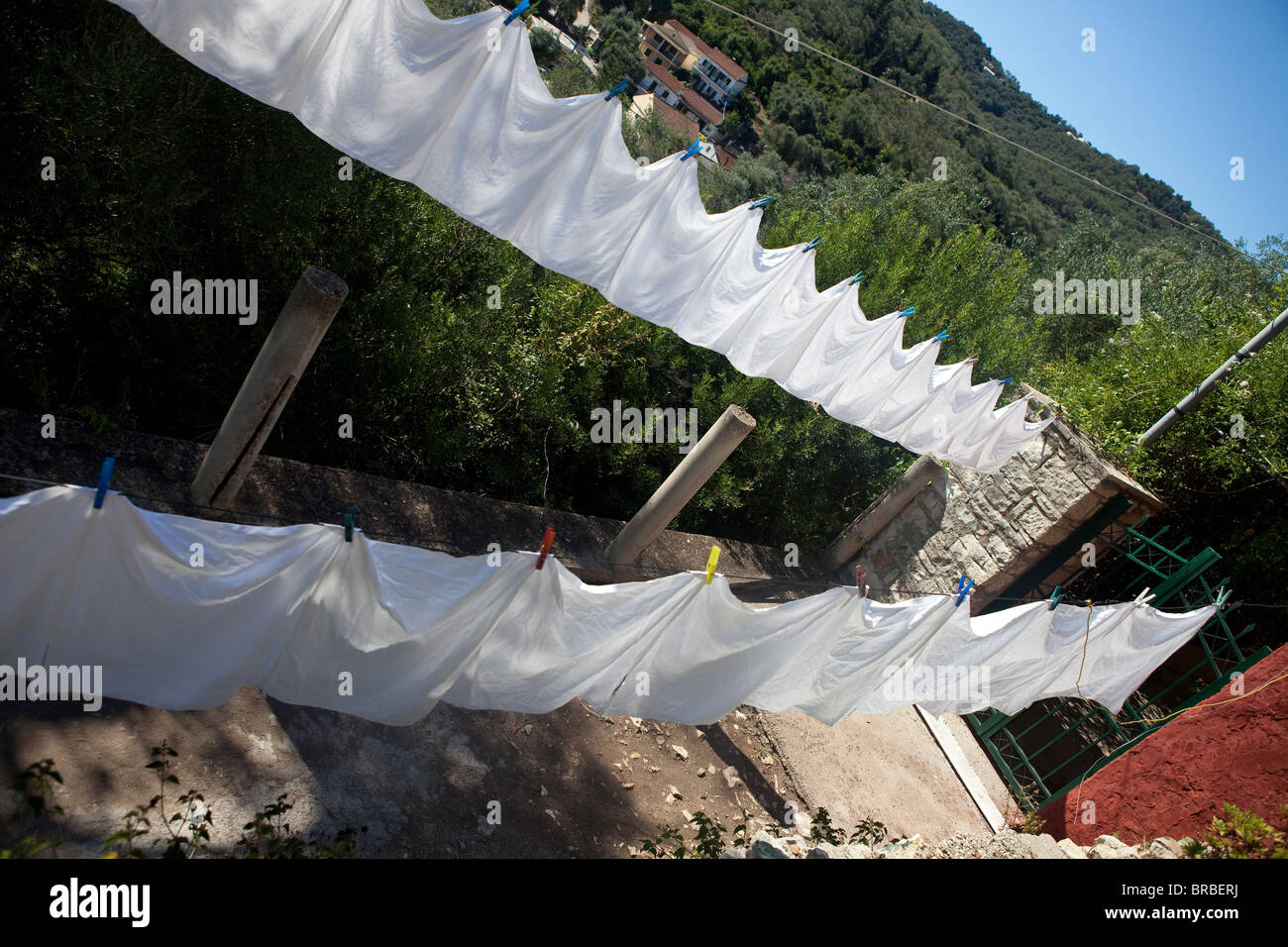 Napkins drying on washing line, Paxos, Greece Stock Photo - Alamy