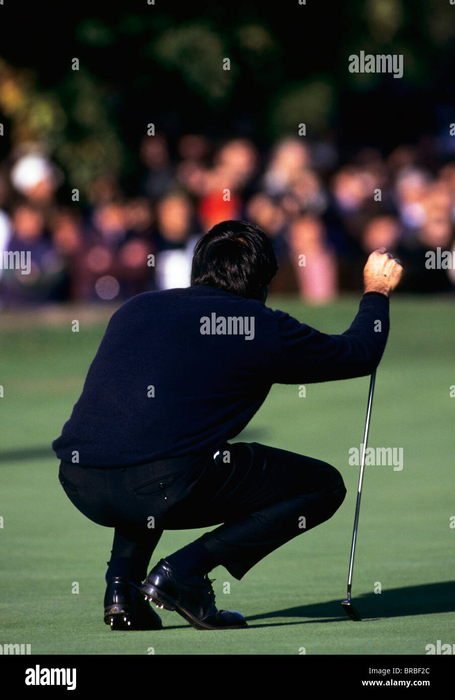 Man crouching while golfing Stock Photo - Alamy