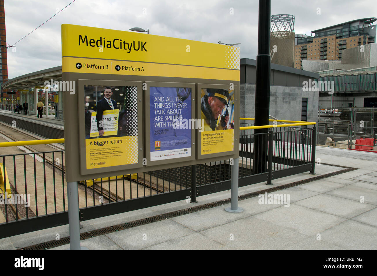 Sign at Metrolink tram station at MediaCityUK, Salford Quays ...