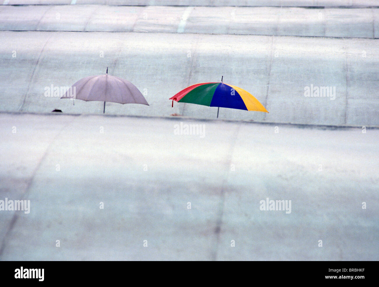 Two spectators shelter under umbrellas as they walk between covered ...