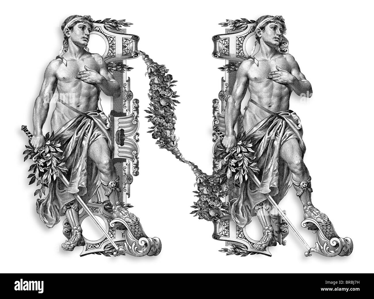 Luxuriously illustrated old capital letter N with man Stock Photo - Alamy