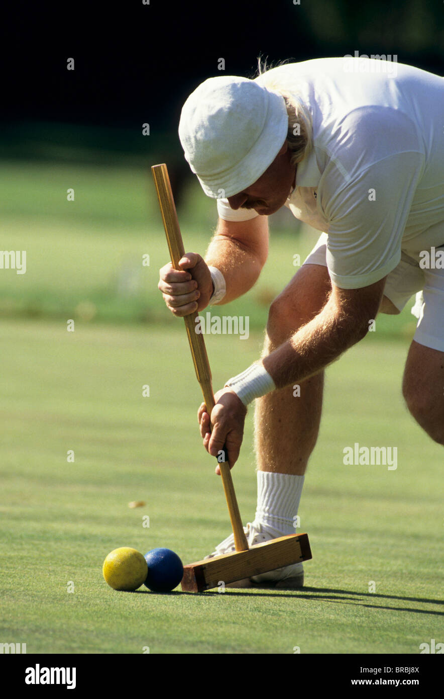 Player about to hit croquet balls with mallet on grass court Stock ...