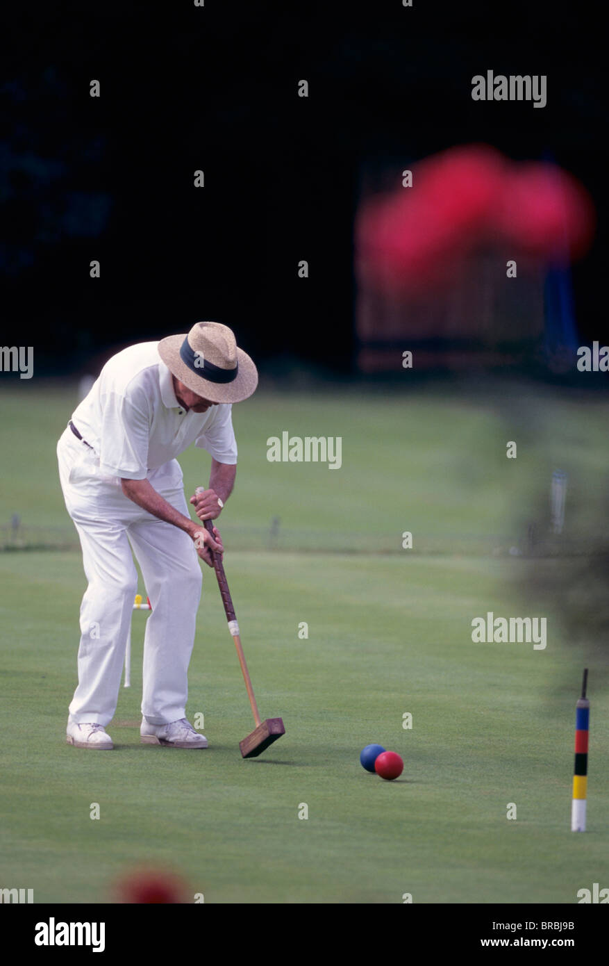 Player about to hit croquet balls with mallet on grass court Stock ...
