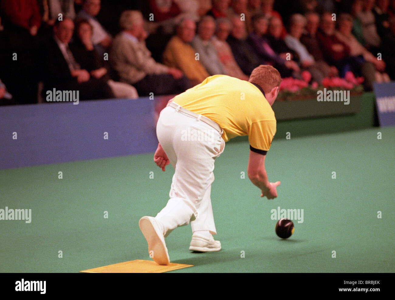 Man bowls in lawn bowls competition indoors Stock Photo - Alamy