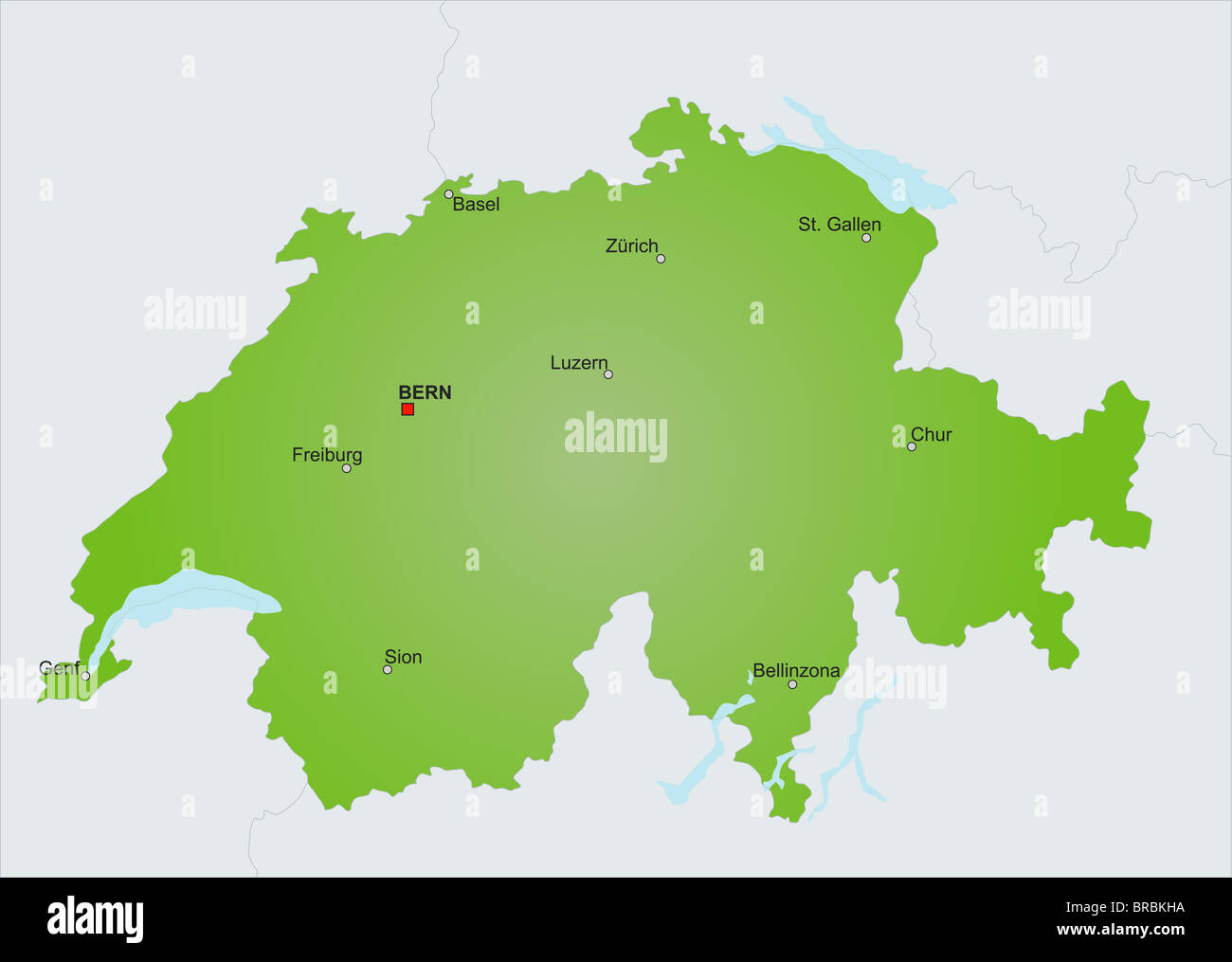 A stylized map of Switzerland showing different cities and nearby ...
