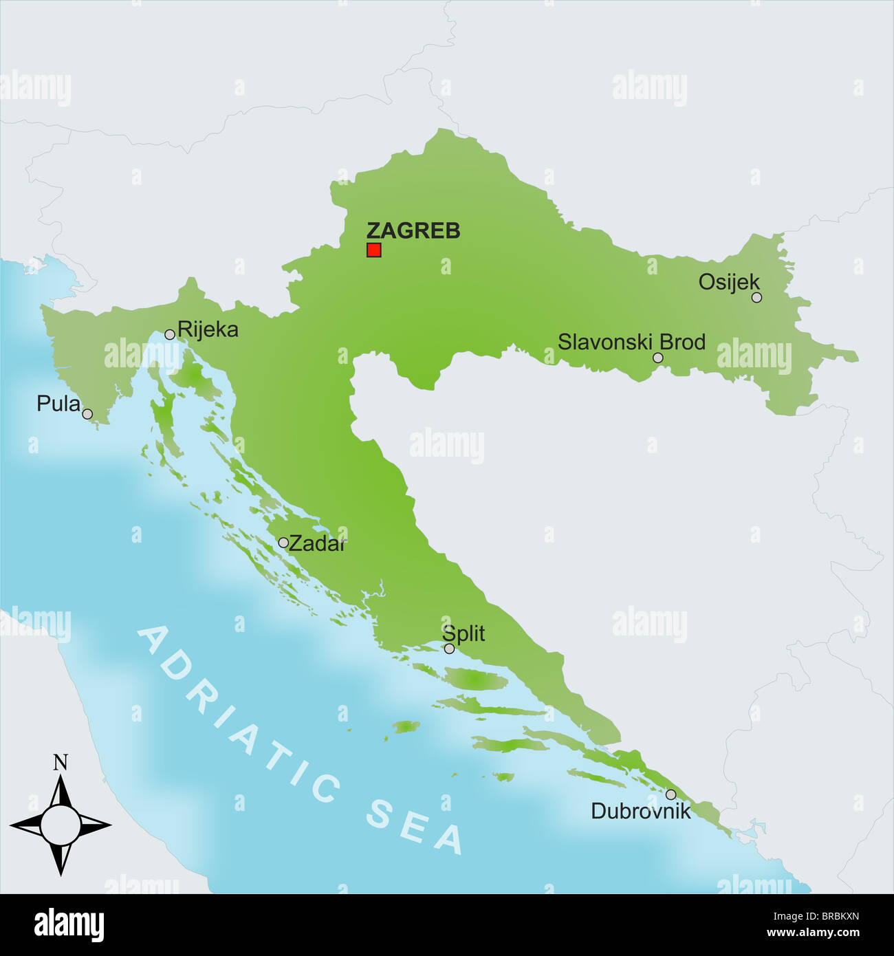 A stylized map of Croatia showing different big cities and nearby ...