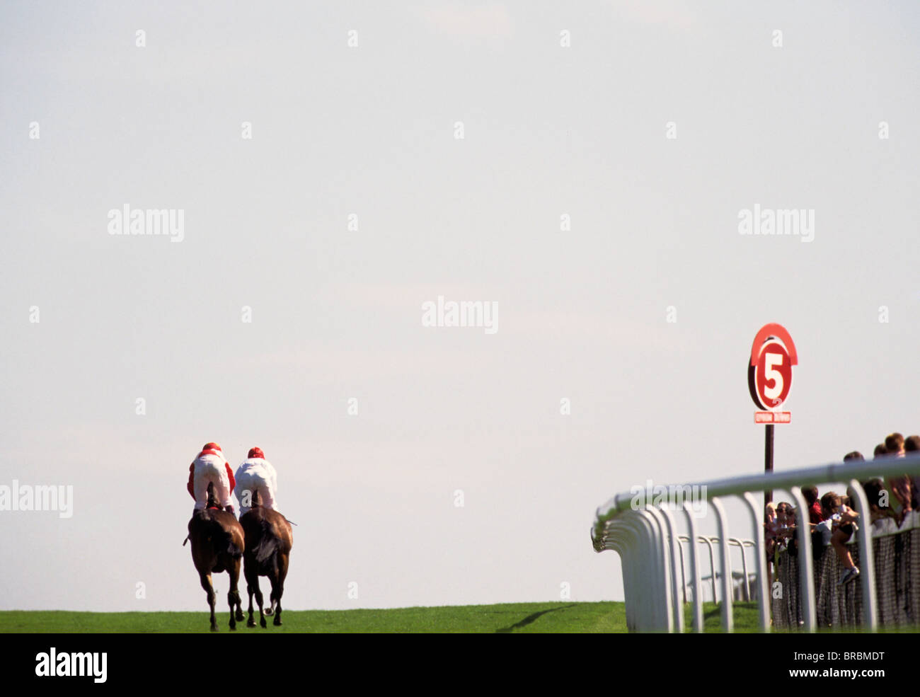 Two jockeys on horse pass the 5 furlong marker Stock Photo - Alamy