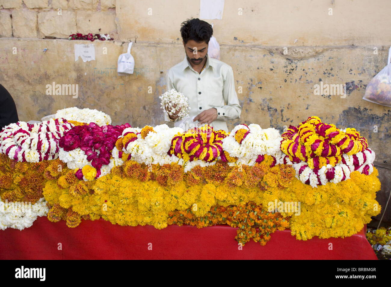 A man selling garlands of flowers outside a temple in Jaipur, Rajasthan ...