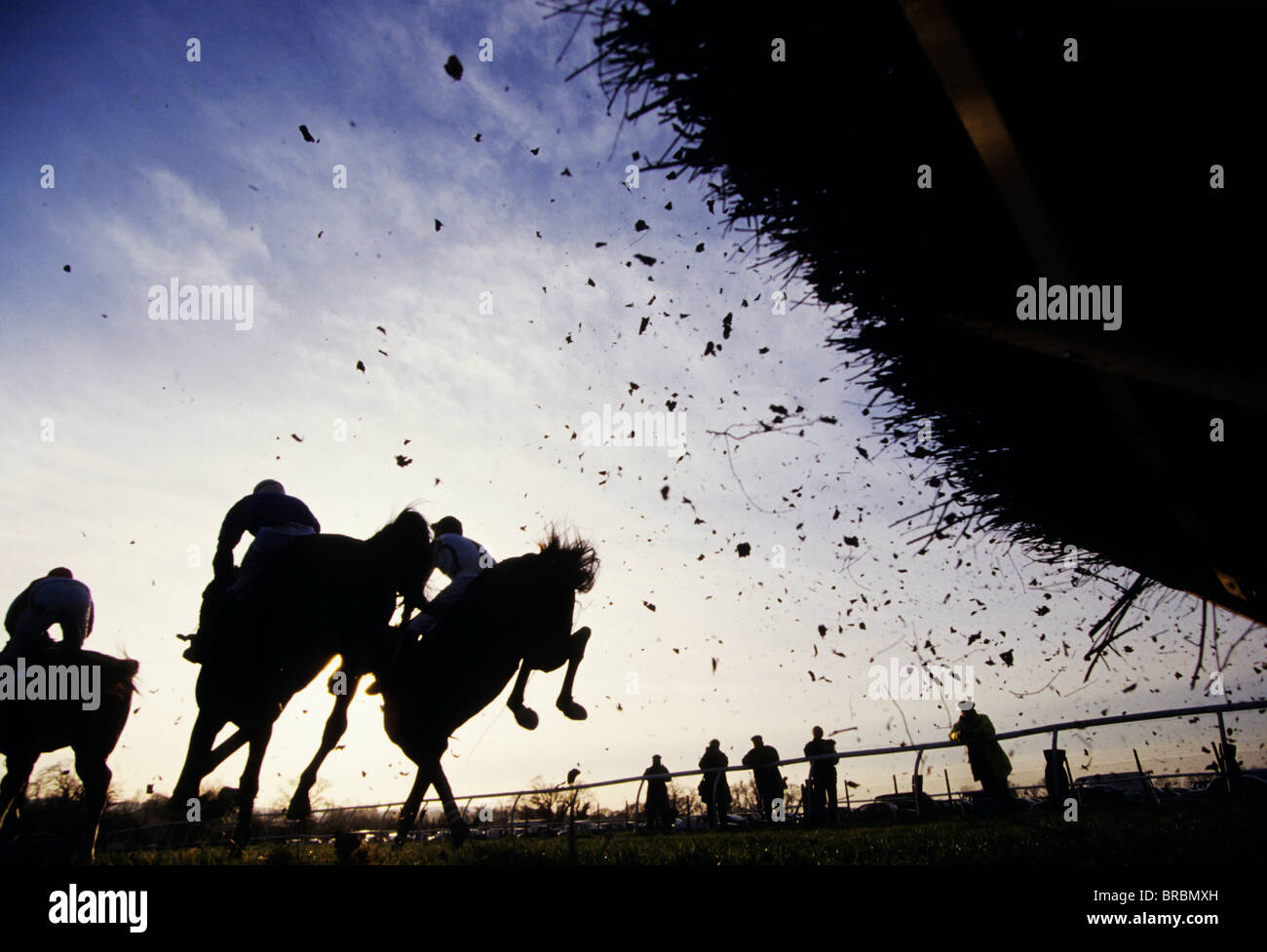 Jockeys and their horses clear thicket fence from under fence view ...