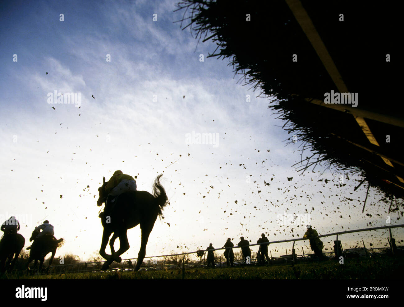 Jockeys and their horses clear thicket fence from under fence view ...