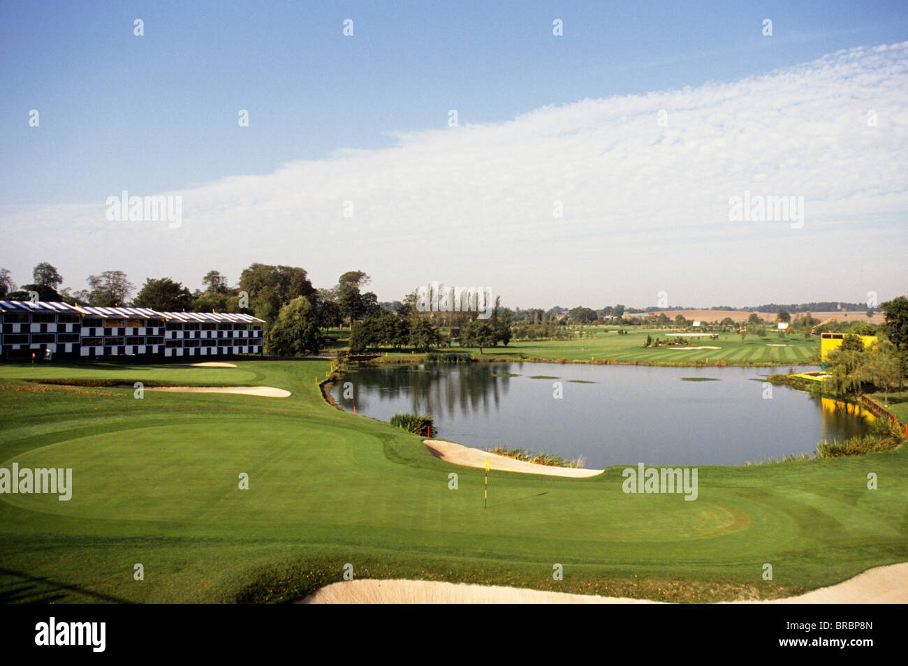 Competition golf course seen from the green looking back down fairway ...