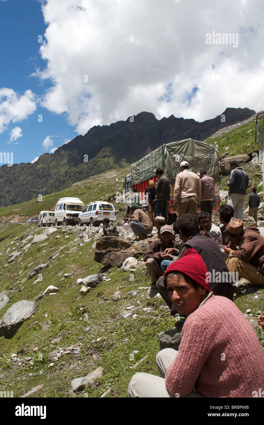 indians waiting on the road for keylong Stock Photo - Alamy