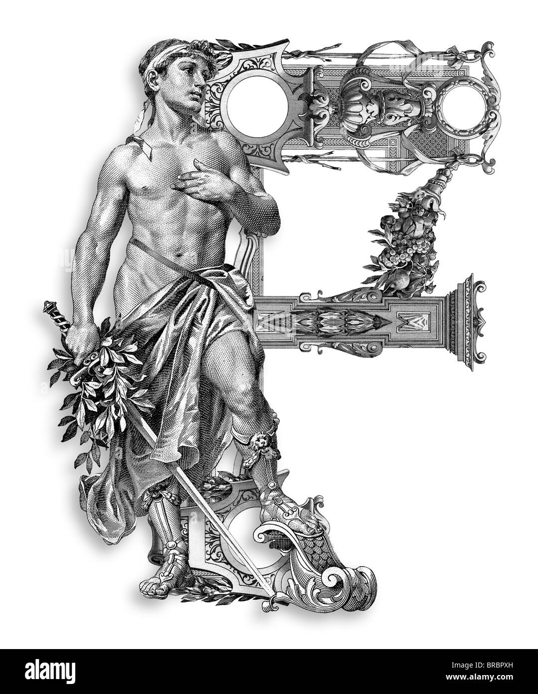 Luxuriously illustrated old capital letter P with man Stock Photo - Alamy