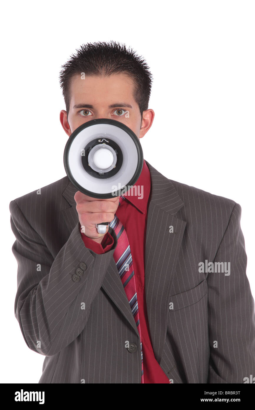 A handsome businessman using a megaphone. All on white background Stock ...