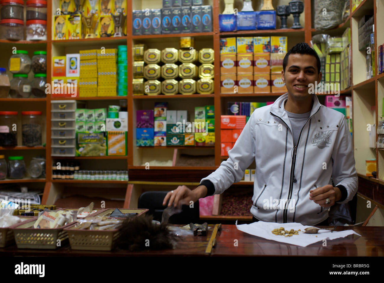 A small shop in the suk in the medina of Tripoli, Libya, North Africa ...