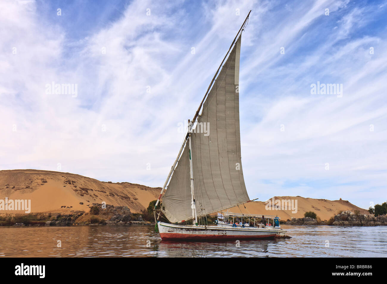 Egypt Aswan Faluka Sailing Past Desert Landscape Stock Photo - Alamy