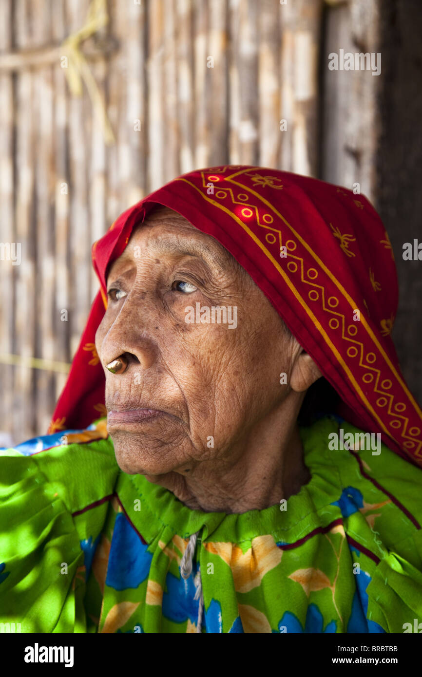 Kuna woman with gold nose ring, San Blas Islands, Panama, Central ...