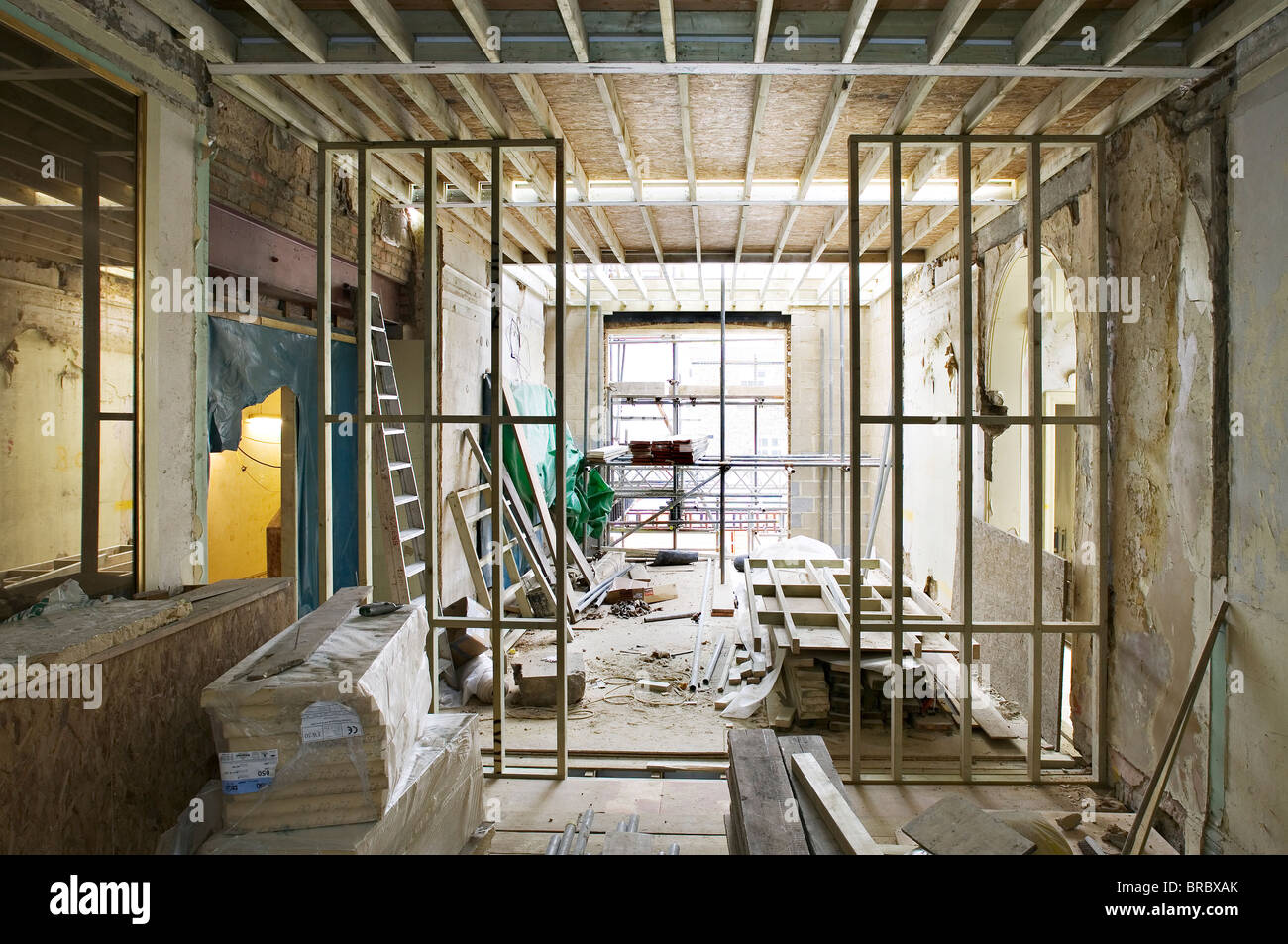 Wooden stud wall shows skeleton of rooms in building site Stock Photo ...