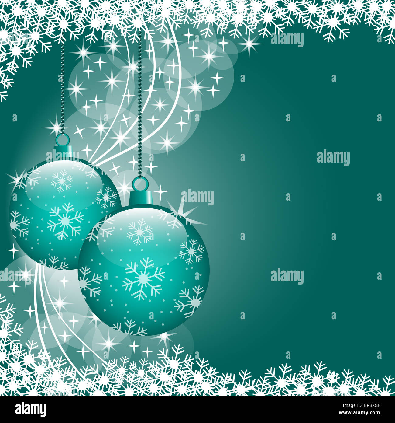 Christmas scene with hanging ornamental blue xmas balls, snowflakes and ...