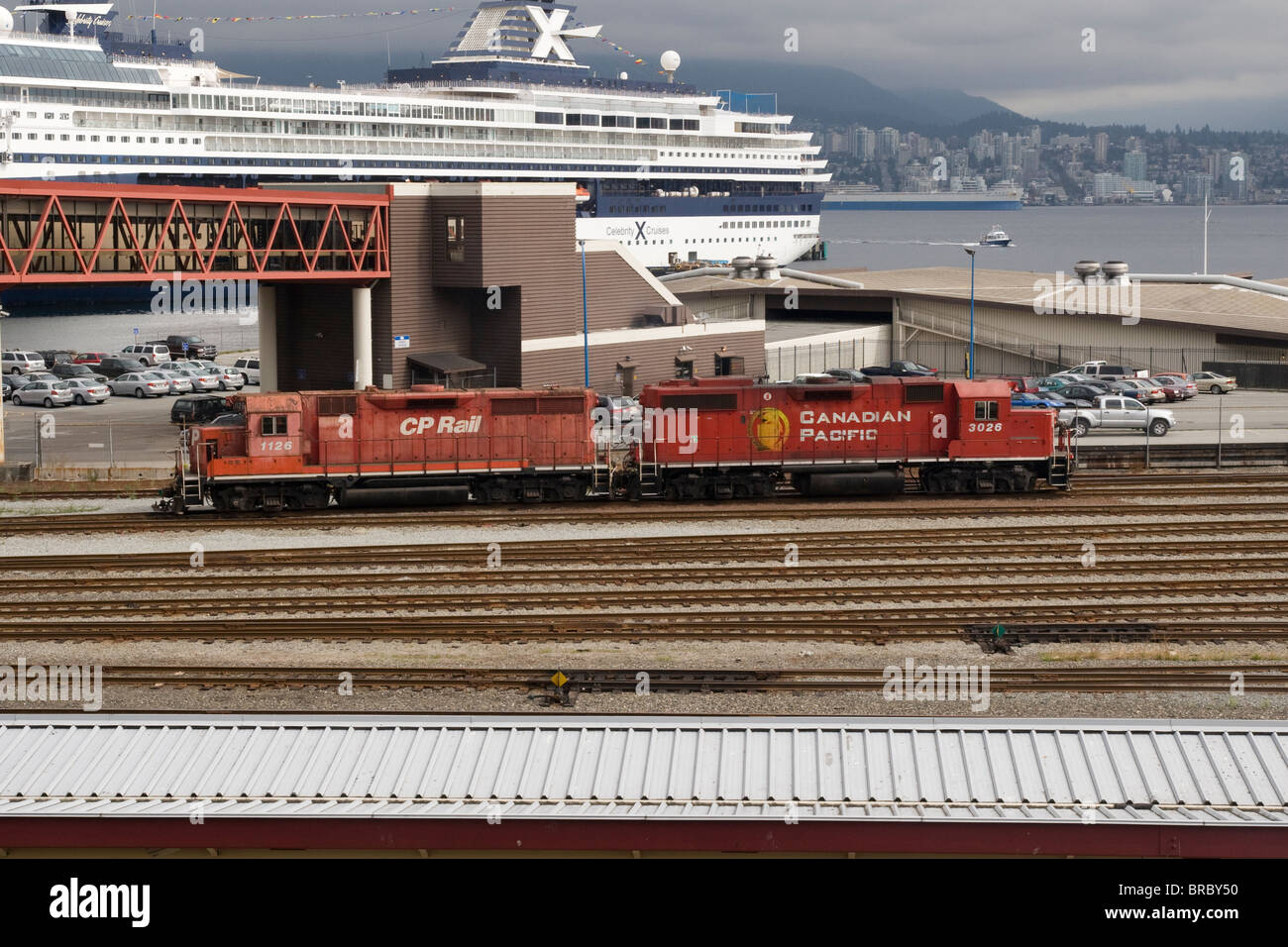 Canadian Pacific Rail diesel locomotives and cruise ship in downtown ...