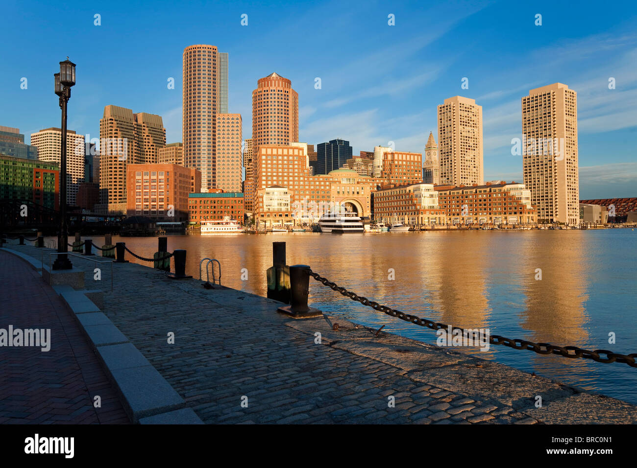 Skyline and inner harbour including Rowes Wharf at dawn, Boston ...