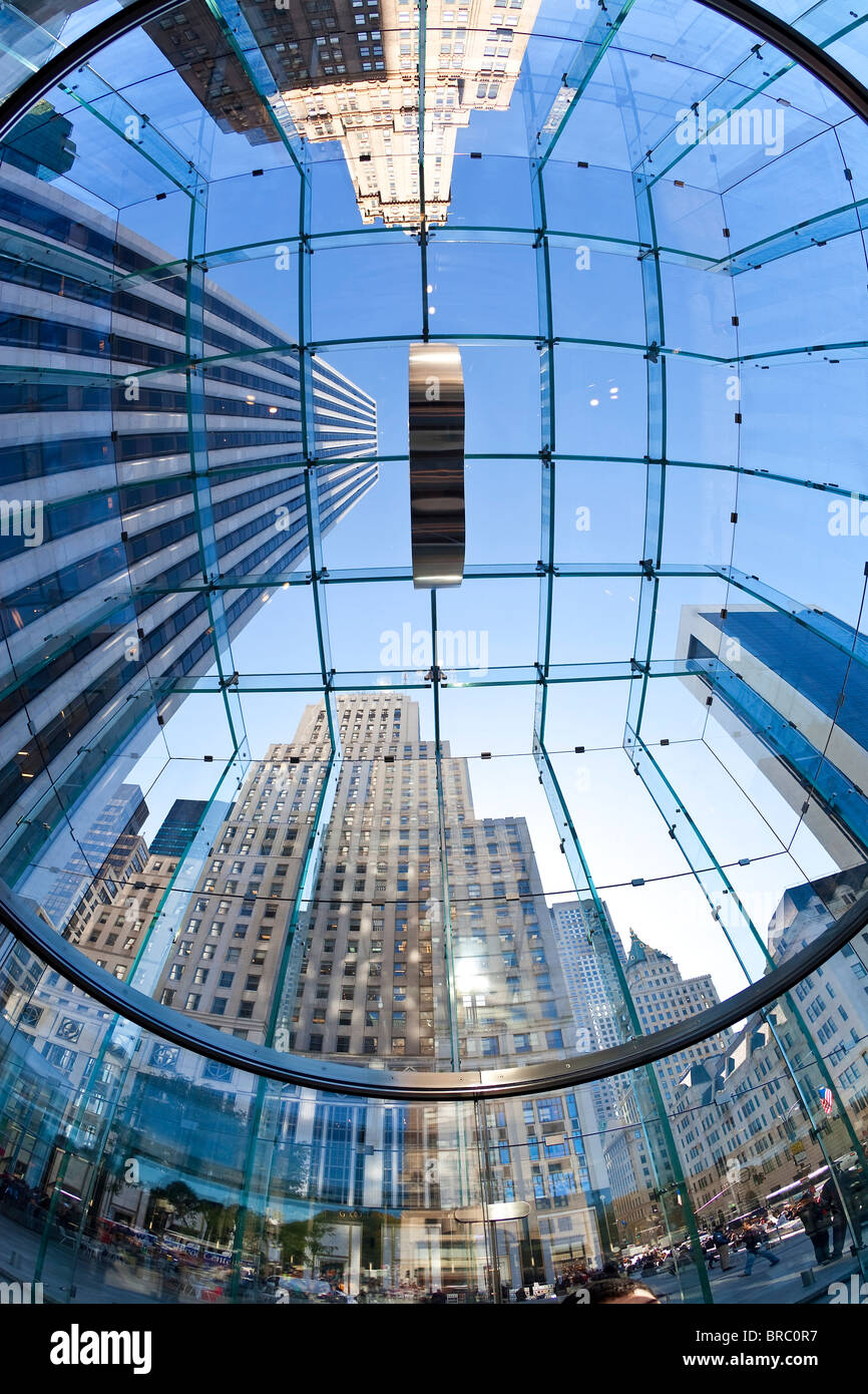 Skyscrapers of Fifth Avenue viewed from below through a glass roofed ...