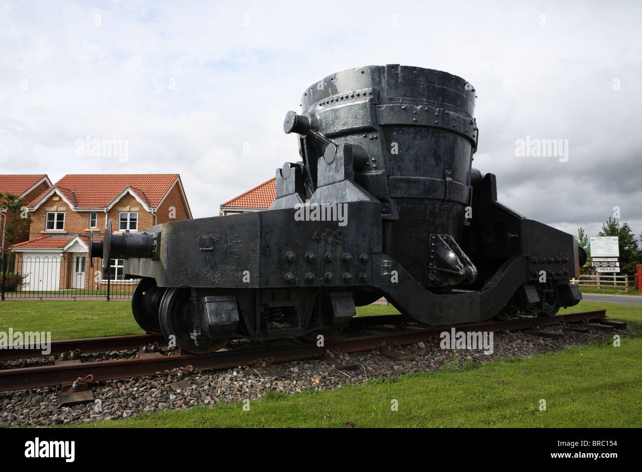 An old bogie steel ladle truck from Consett steelworks located adjacent ...