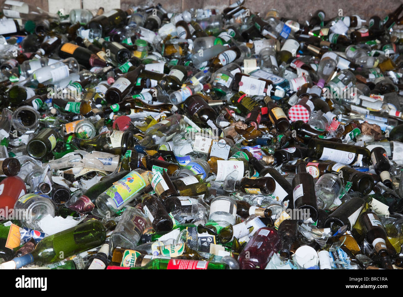 Europe. Pile of bottles and jars in glass recycling facility Stock ...
