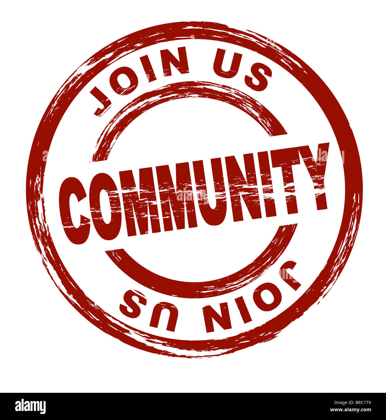 A stylized red stamp showing the term community. All on white ...