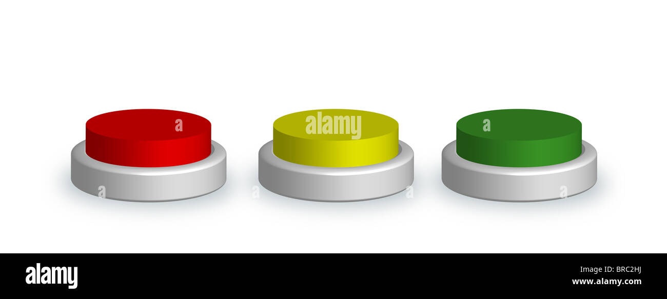 A red, yellow and green button on white background Stock Photo - Alamy