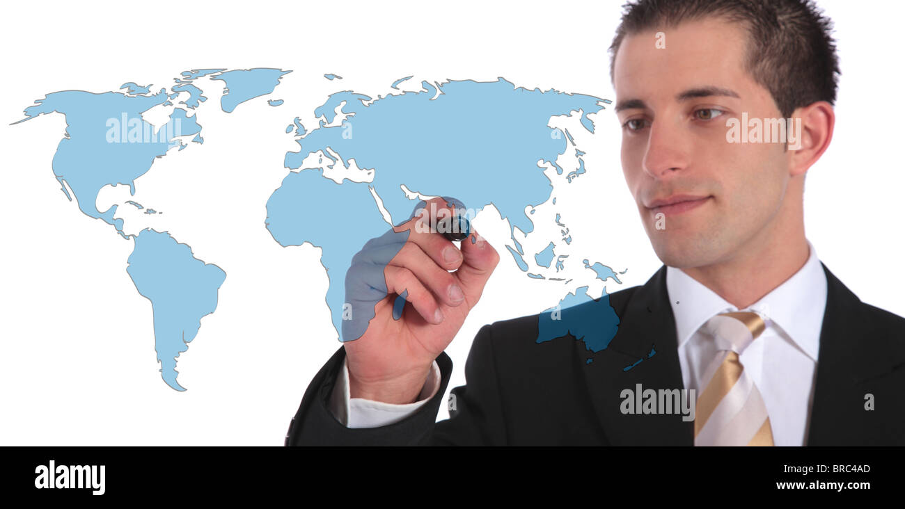 A handsome businessman presenting concepts of global market expansion ...