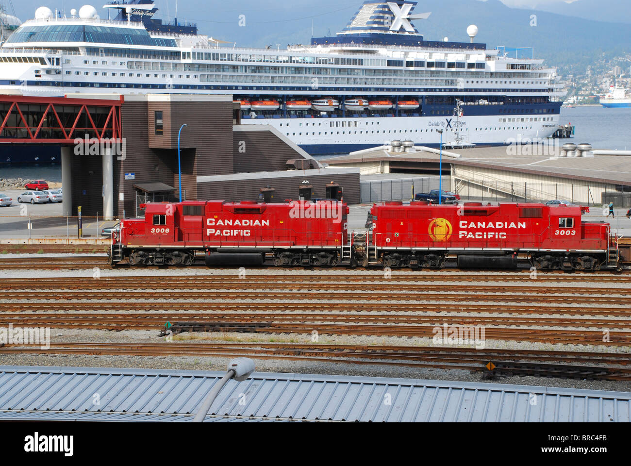 Canadian Pacific Rail diesel locomotives and a cruise ship in downtown ...