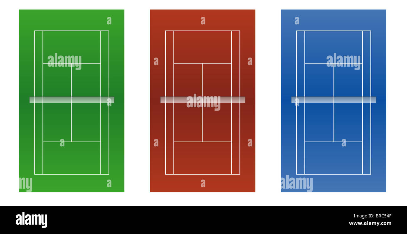 Stylized graphics of all three typical court surfaces in tennis. All ...