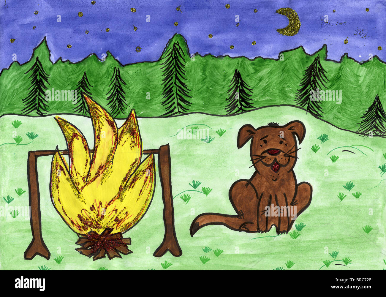 Child's drawing of dog and bonfire. Made by child Stock Photo - Alamy
