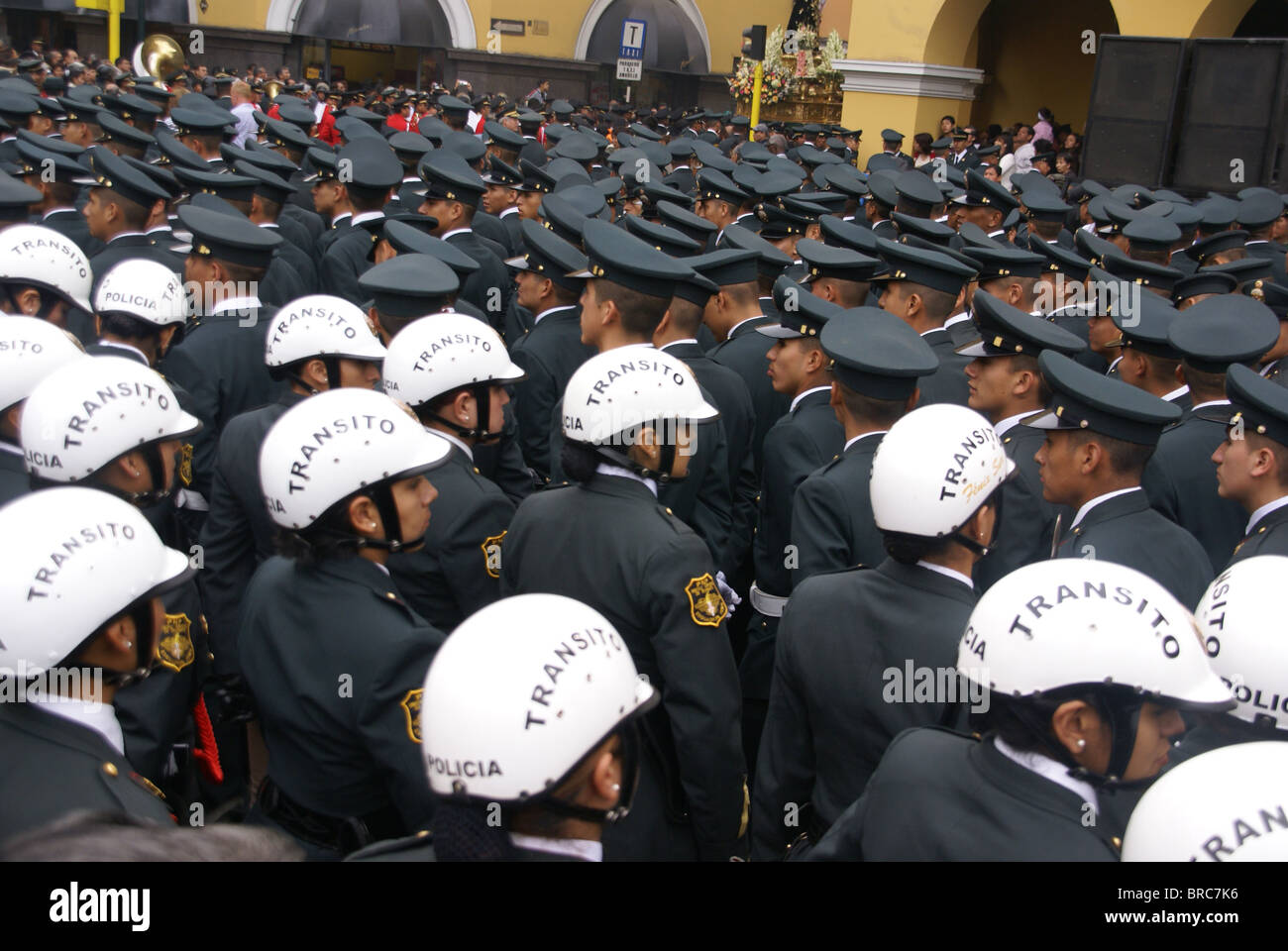 Female transit police watching a parade, Lima, Peru, South America ...