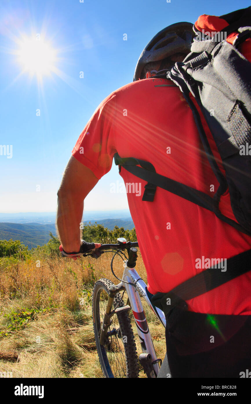 Mountain biker on Flagpole Peak near Reddish Knob in George Washington ...