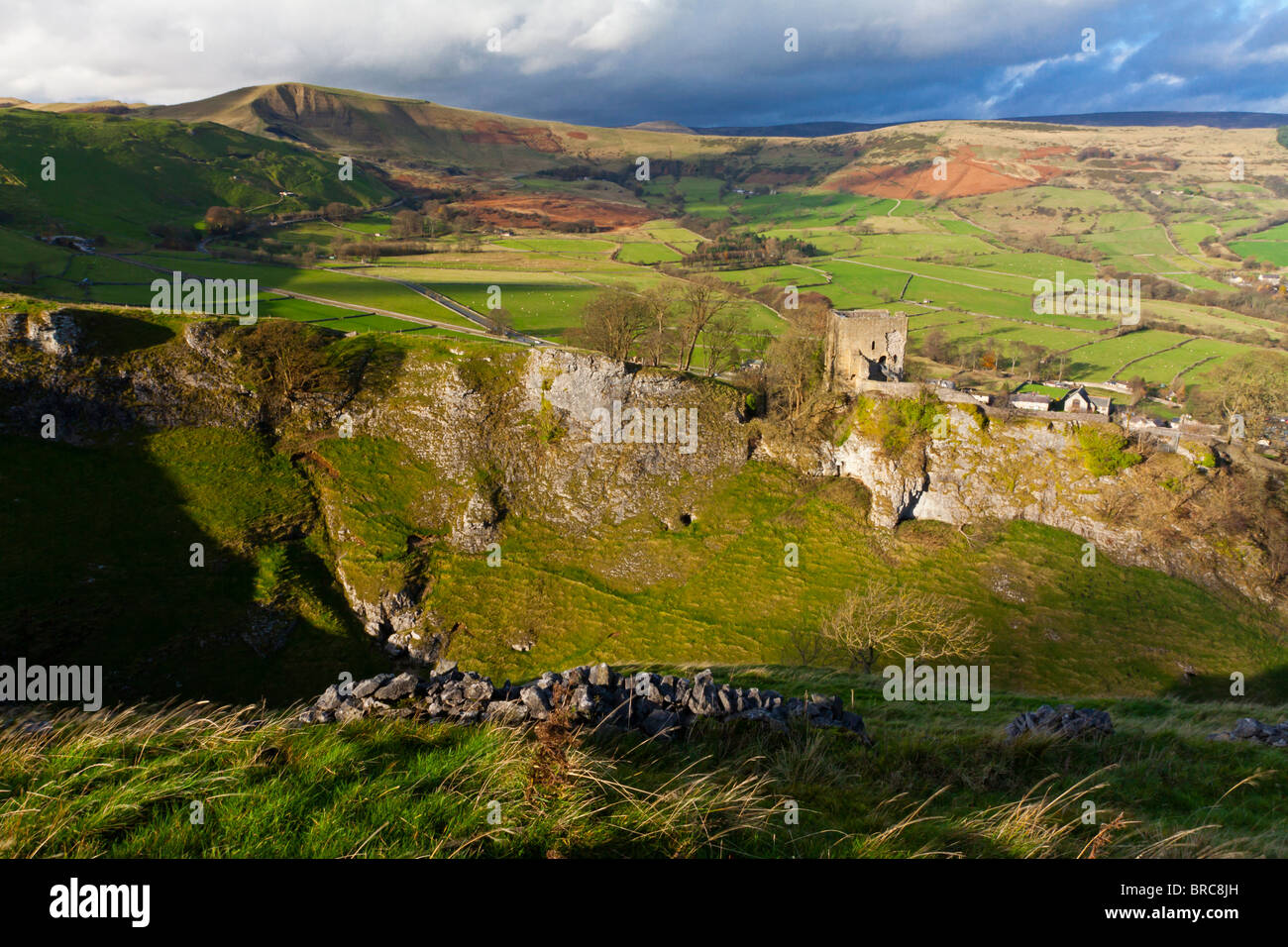 Mam Tor and Peveril Castle a Norman fortress built 1176 by Henry II ...