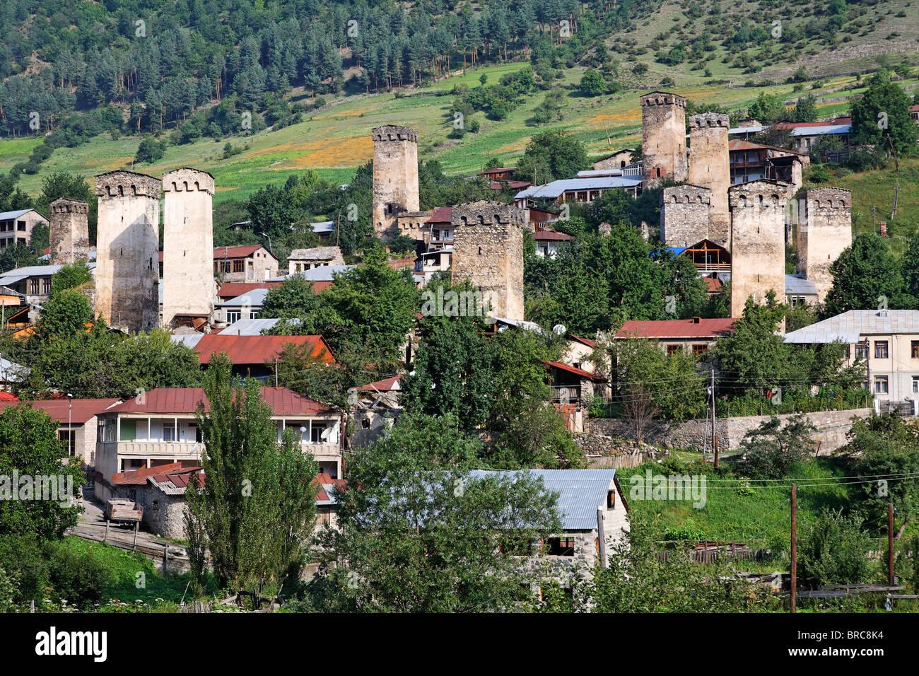 Defensive stone towers, Mestia, Svaneti in the Great Caucasus Mountains ...