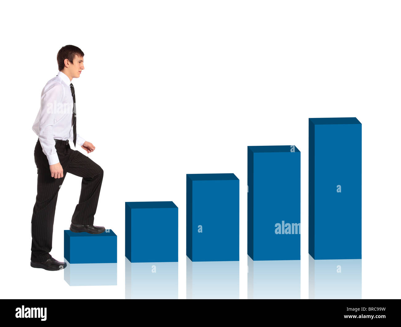 A young businessman walking up a bar diagram. All isolated on white ...