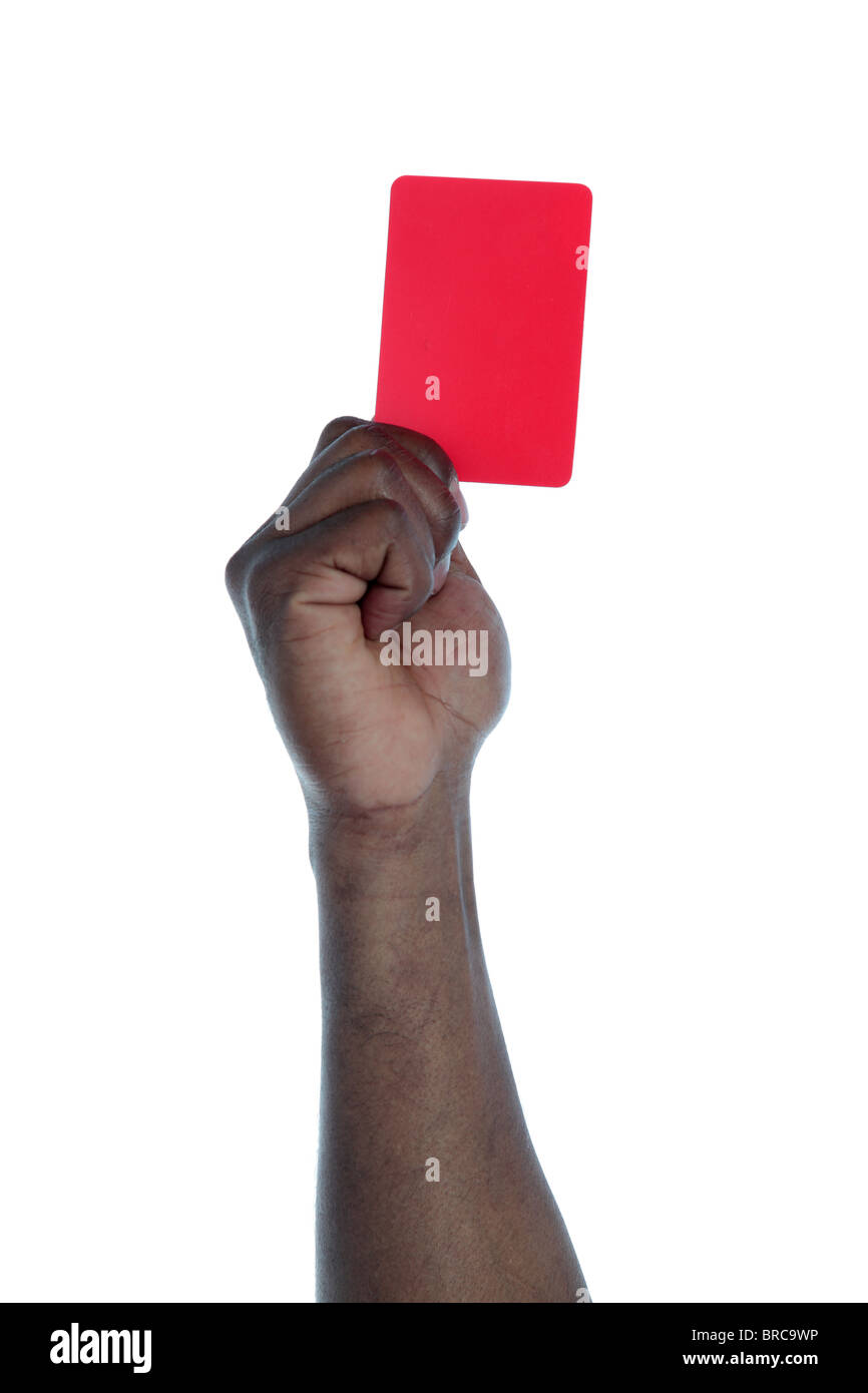 A dark-skinned human hand holding a red card as a symbol for anti ...