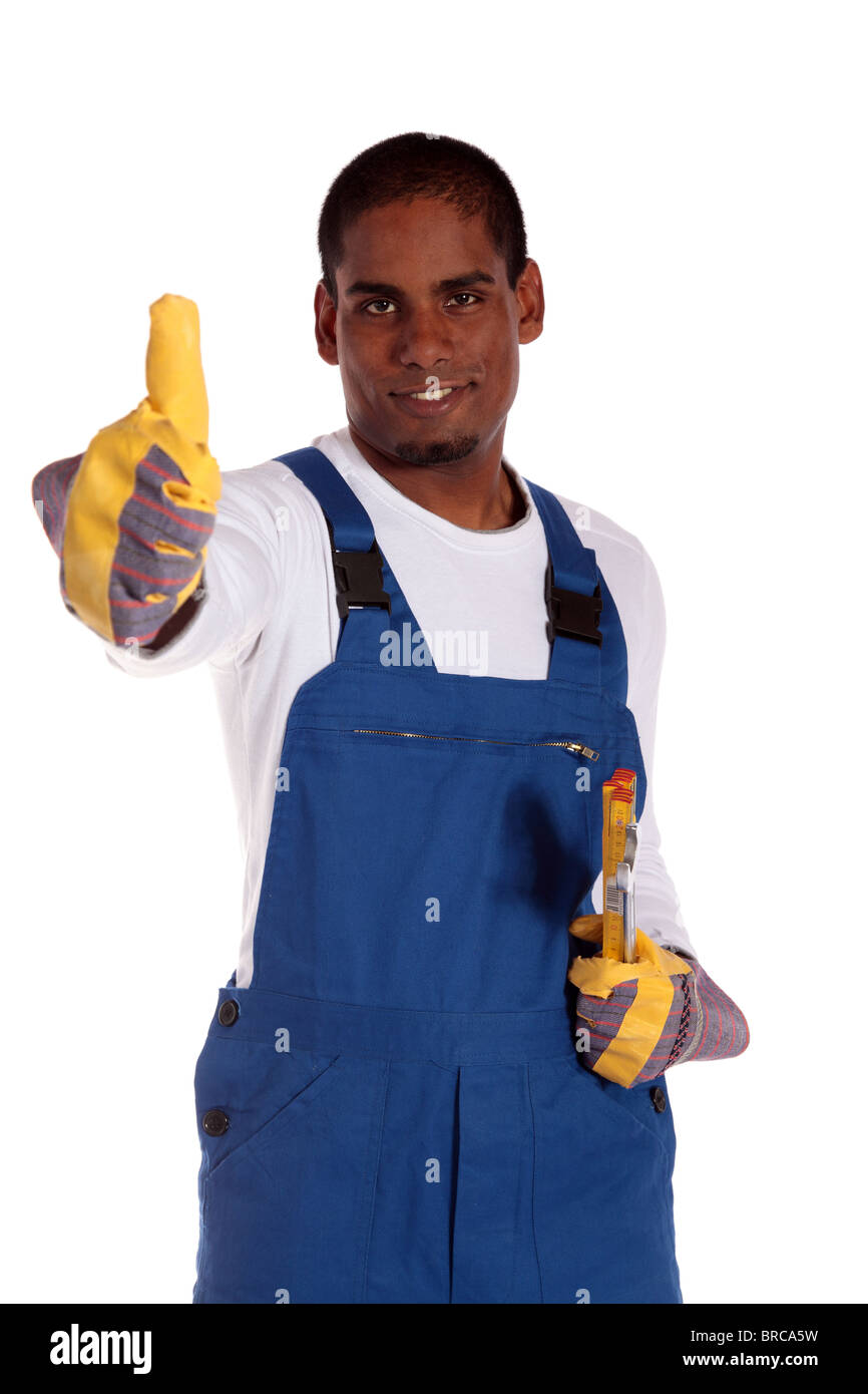 An ambitious dark-skinned worker making a positive gesture. All on ...