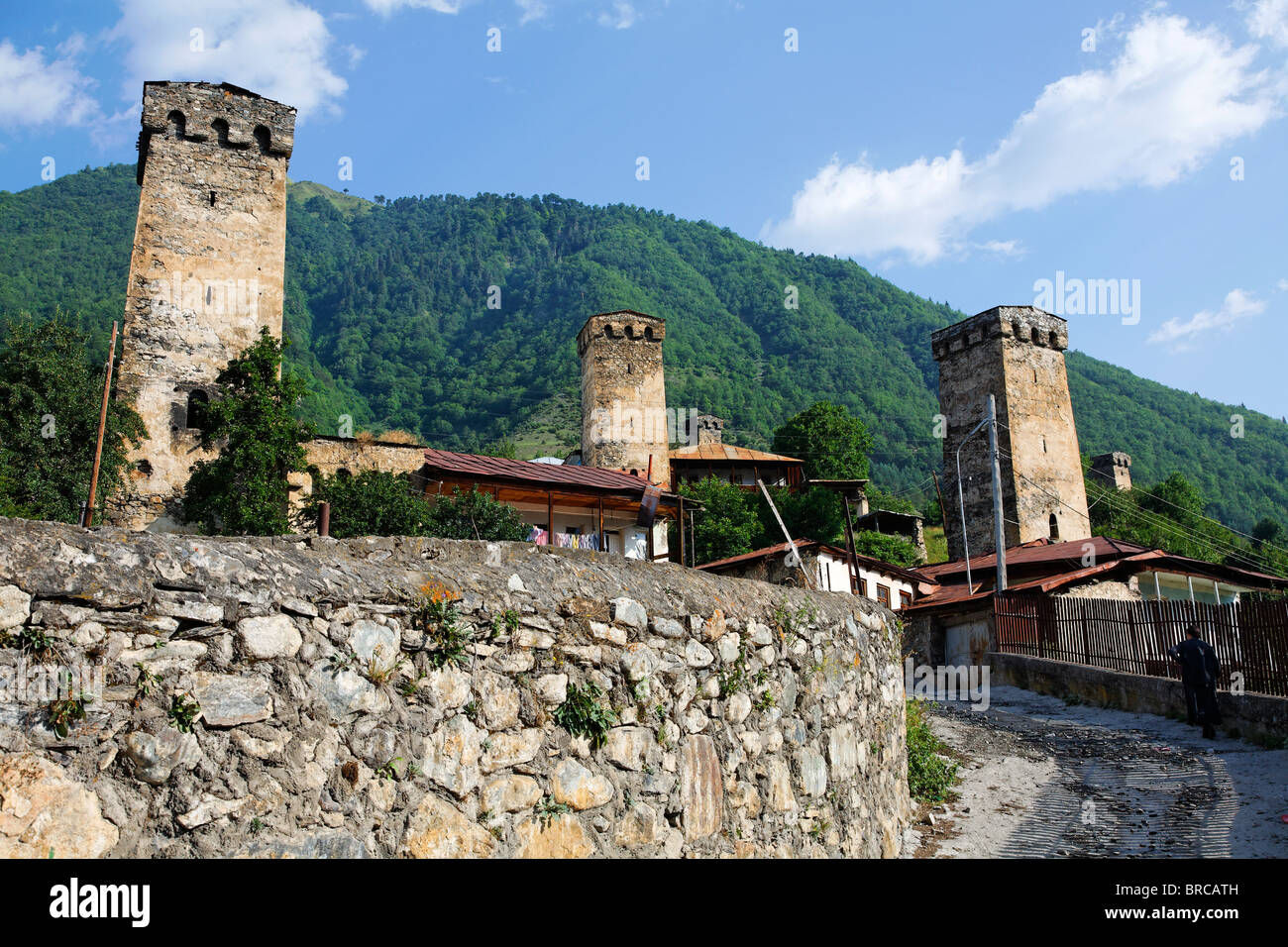 Defensive stone towers, Mestia, Svaneti in the Great Caucasus Mountains ...