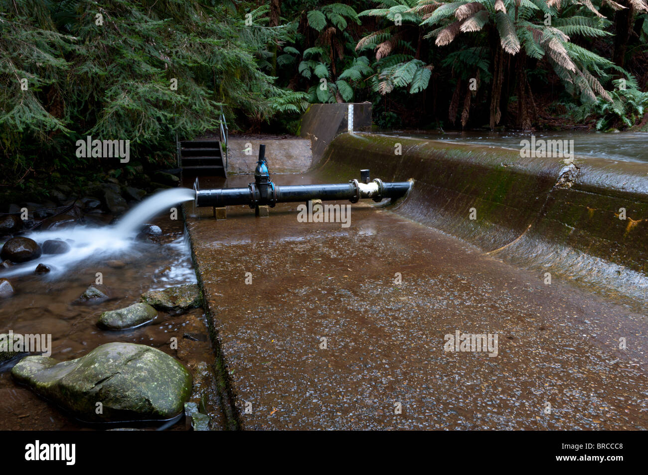 A pipe releasing excess water from Badger Creek weir after heavy rain ...