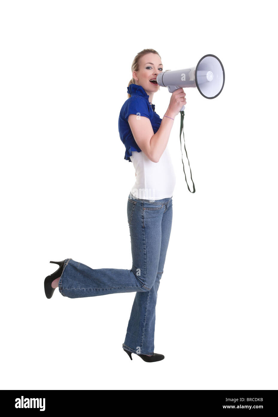 young woman with bullhorn isolated on white background Stock Photo - Alamy