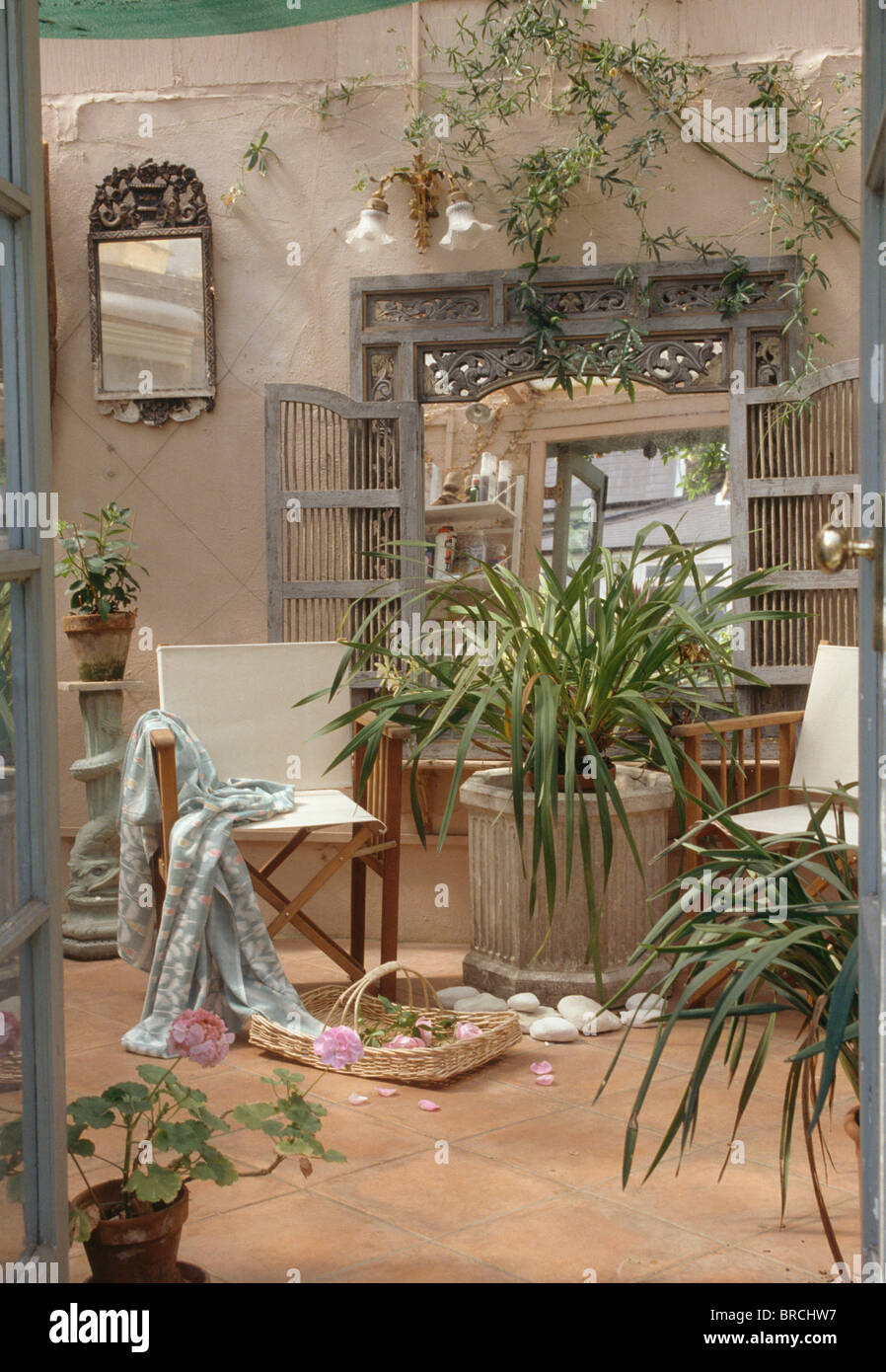 Cream director's chairs and houseplants in conservatory Stock Photo - Alamy