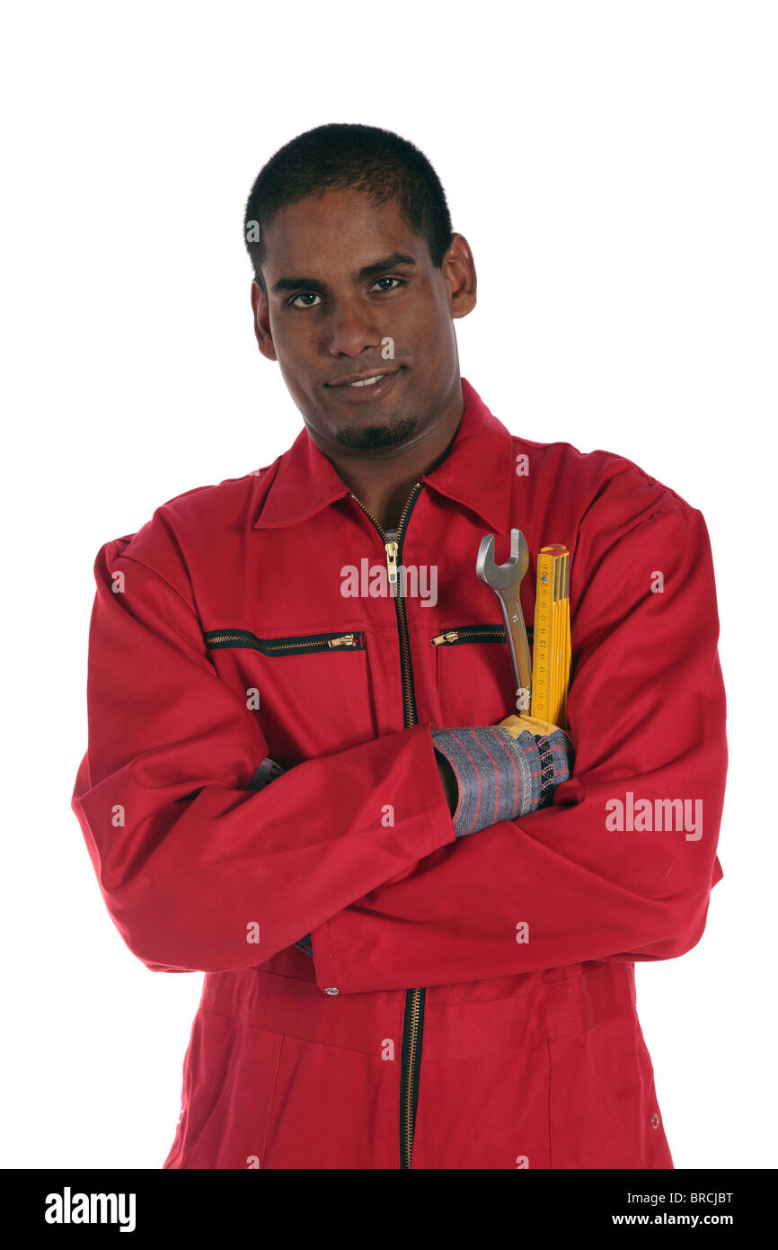 An ambitious dark-skinned worker. All on white background Stock Photo ...