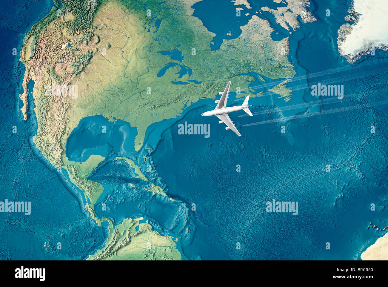 White Civil Airplane over the Atlantic ocean flying from Europe to the ...