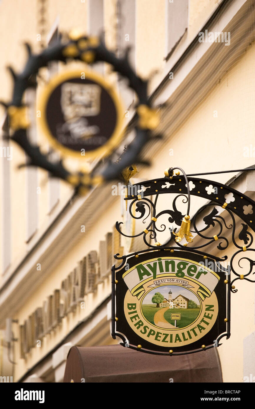 Sign for the Ayinger Pub and Restaurant on Platzl in central Munich ...