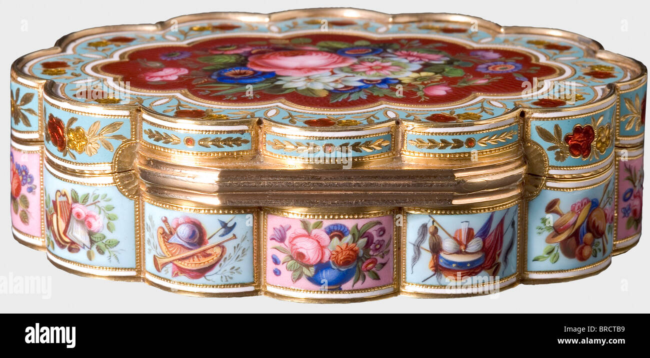 A fine enamelled gold box in a leather case, London, 1795/96 22-carat ...